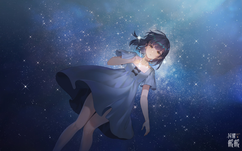 Safebooru - 1girl absurdres artist request bare arms bare legs black bow black hair blue dress ...