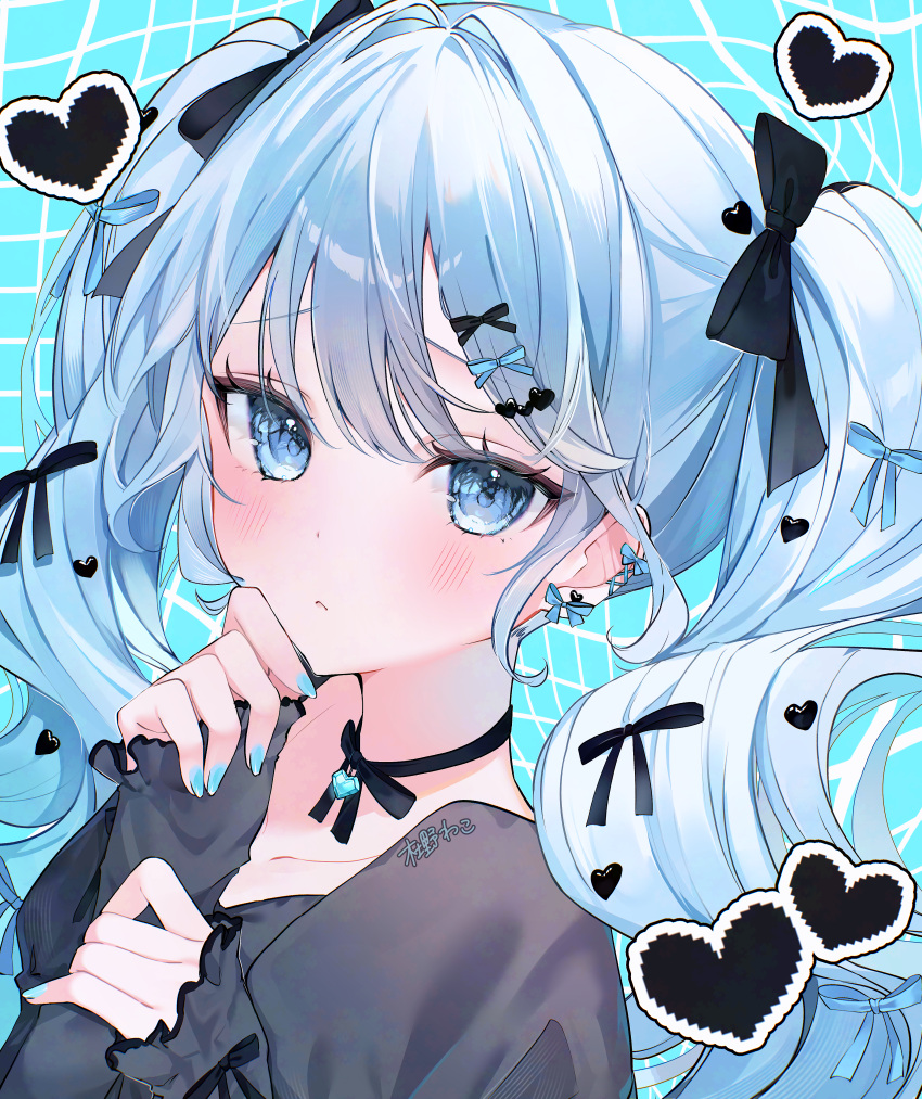 Safebooru - 1girl absurdres black bow black ribbon blue bow blue eyes blue hair blue nails blush ...
