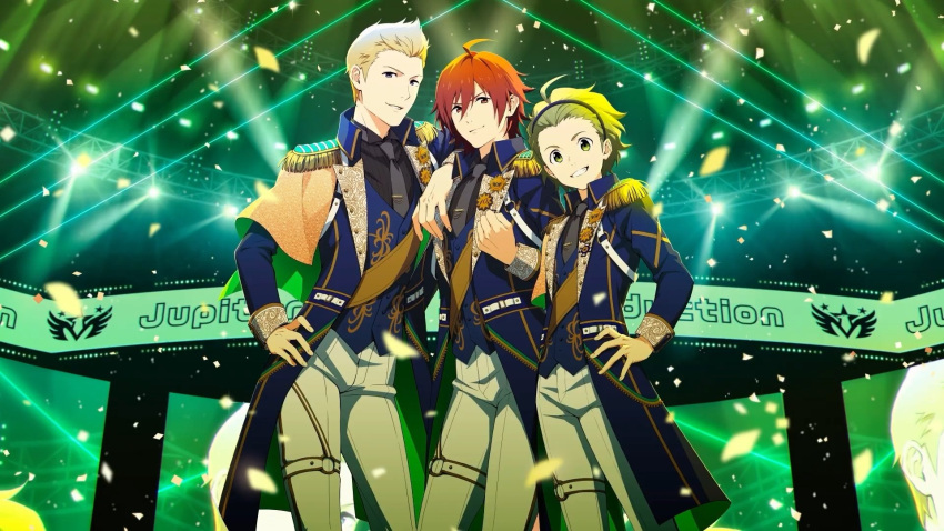 Safebooru - 3boys ahoge amagase touma arm on another's shoulder black necktie blonde hair blue ...