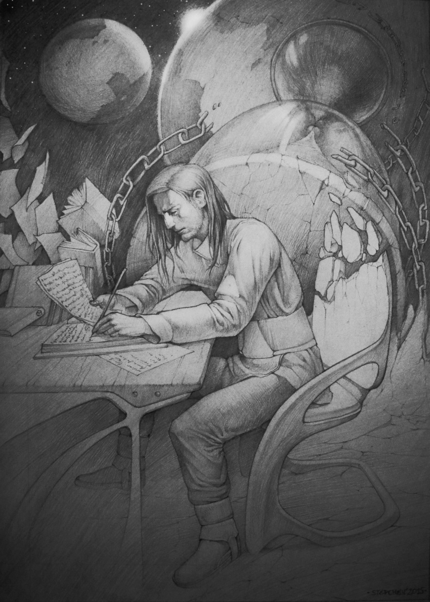 Safebooru - 1boy absurdres artist name book broken chain dated english commentary greyscale ...