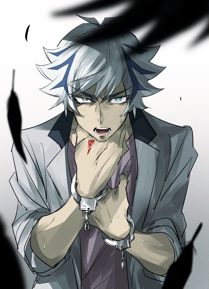 Safebooru - 1boy asphyxiation blue eyes broken handcuffs choking on object clothes grab facing ...