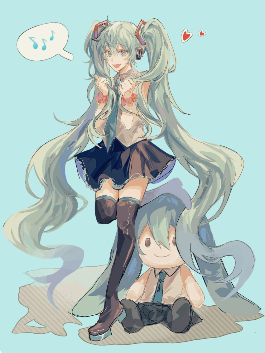 Safebooru - 1girl :d aqua background aqua hair aqua necktie black footwear black skirt blue eyes ...