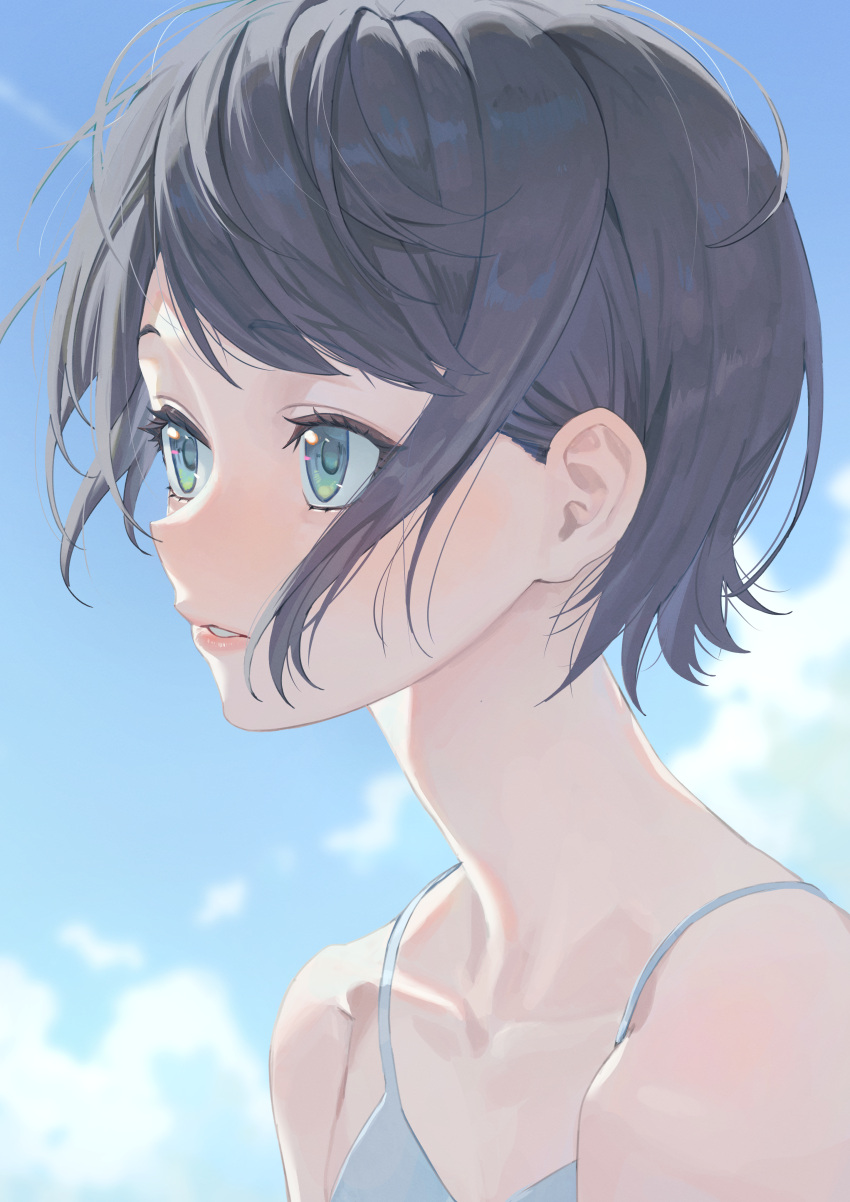 Safebooru - 1girl absurdres aqua eyes black hair blue sky blurry blurry background camisole ...