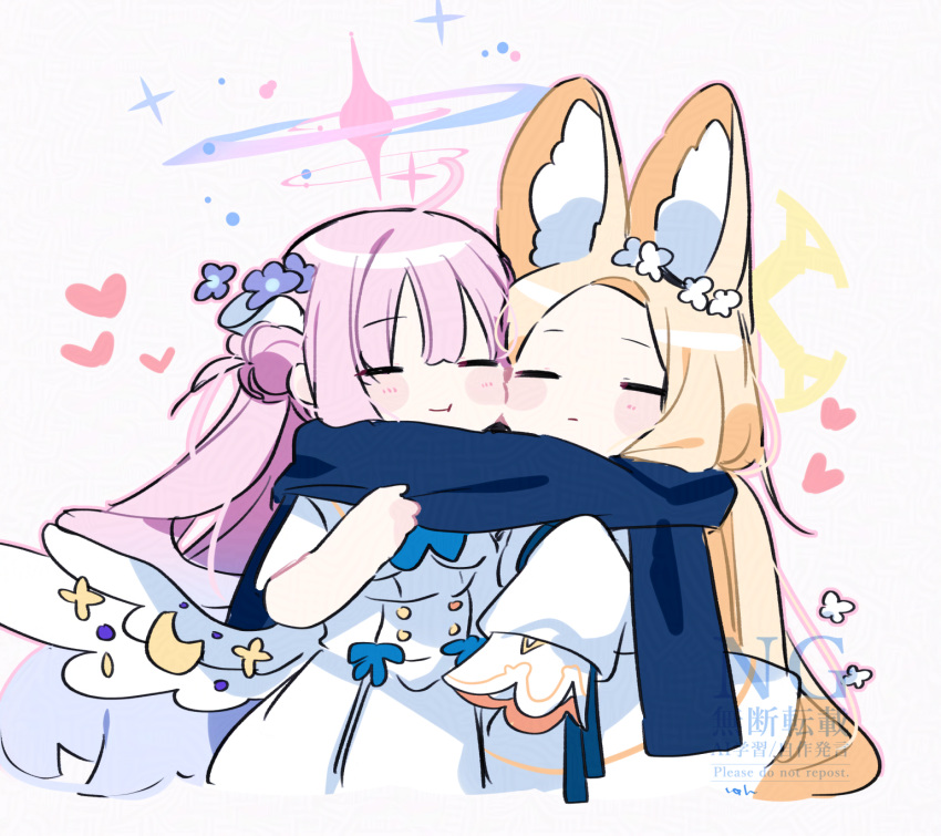 Safebooru - 2girls animal ears blonde hair blue archive blue scarf cheek-to-cheek dress grey ...