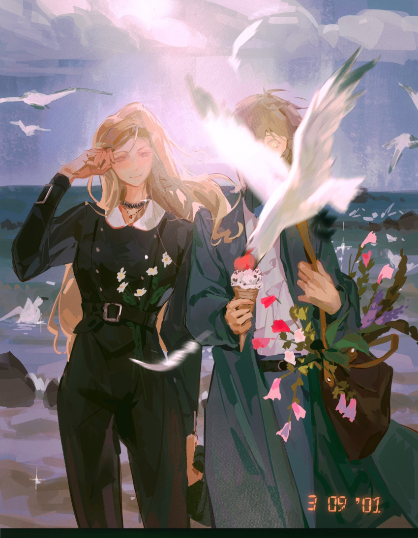 Safebooru - 1boy 1girl beach belt bird black belt black pants black shirt blonde hair brown bag ...