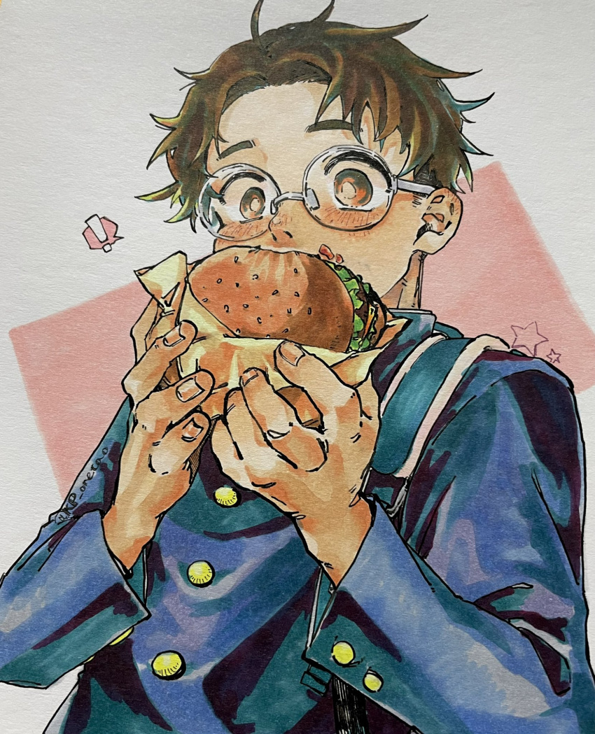 Safebooru - 1boy blush brown hair burger dandadan eating food gakuran ...