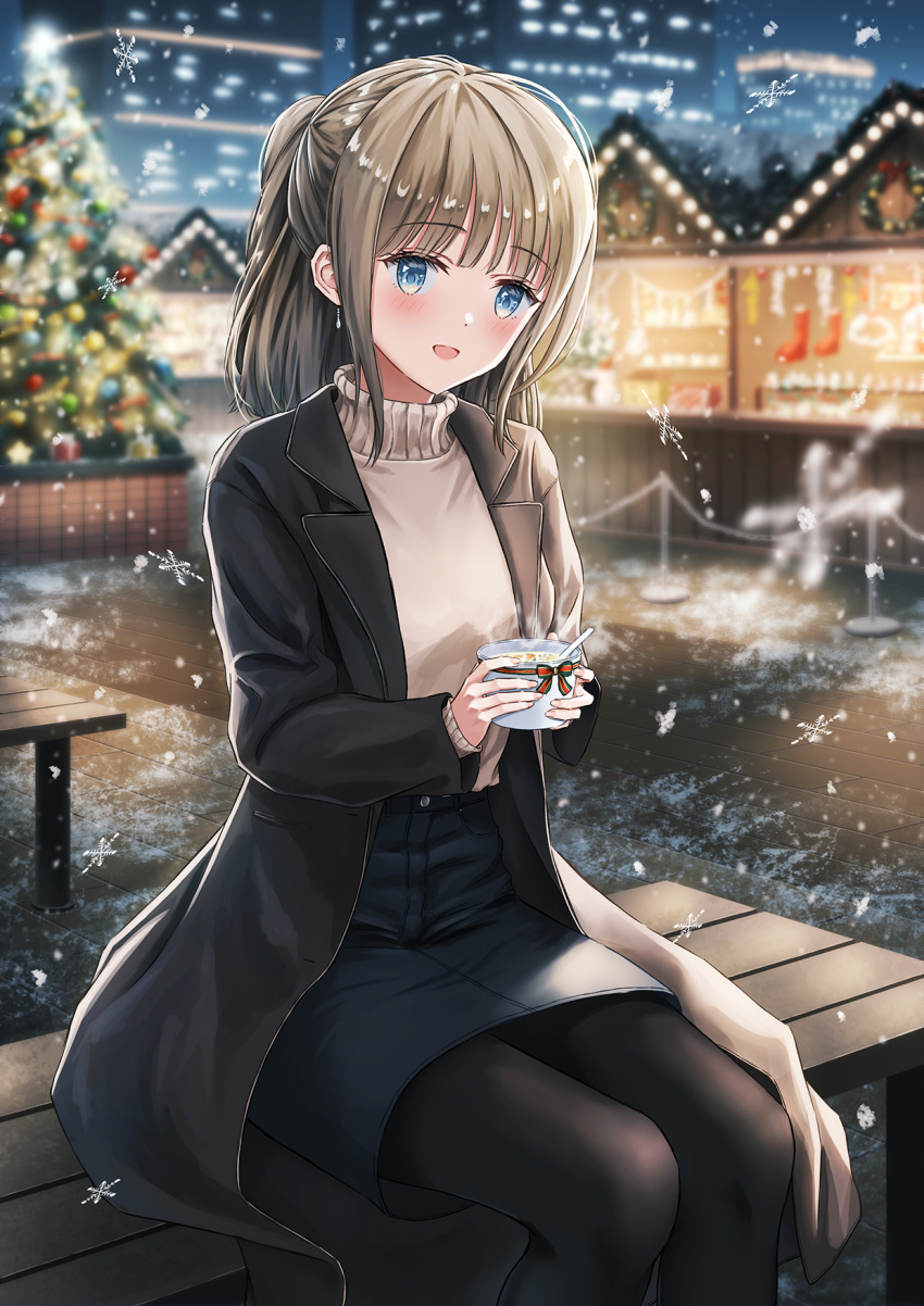 Safebooru - 1girl black coat black pantyhose black skirt blonde hair blue eyes blurry blush ...