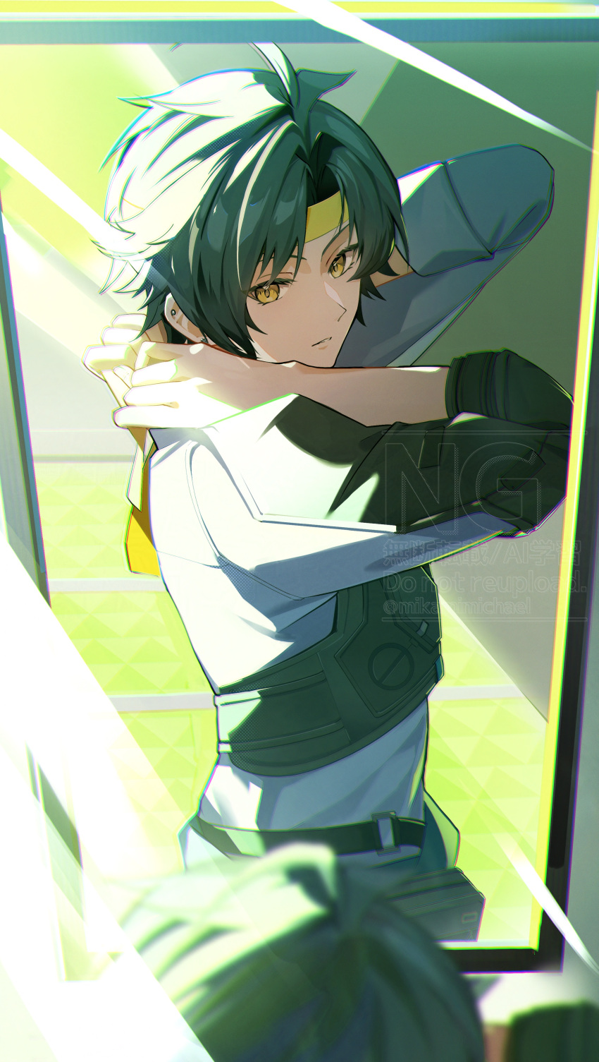 Safebooru - 1boy absurdres adjusting clothes adjusting headwear ahoge asaba harumasa belt black ...