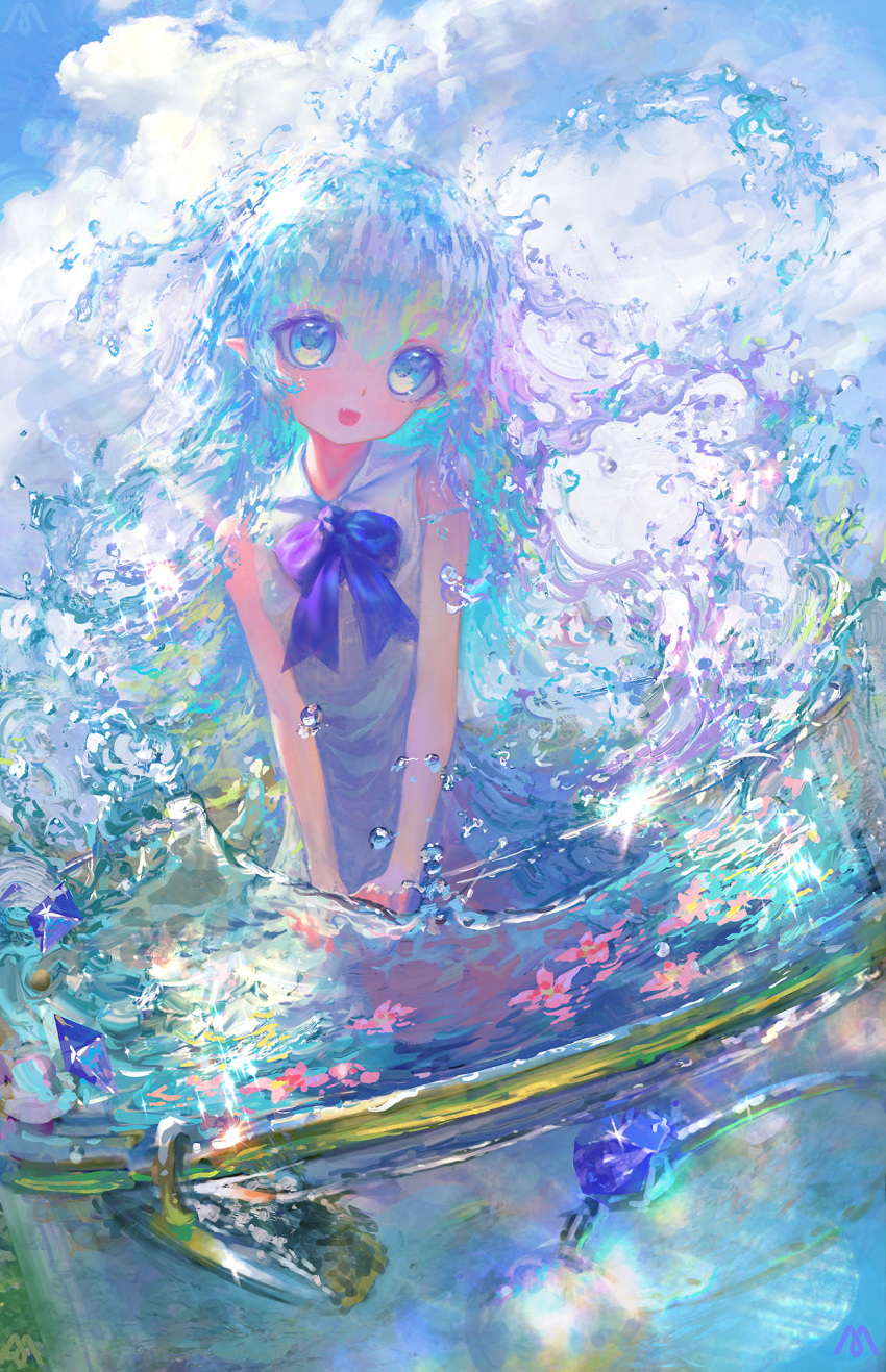 Safebooru - 1girl :d ayaxno blue eyes blue hair blue sky blush bow bowtie child clouds day dress ...