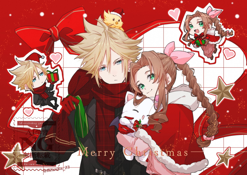 Safebooru - 1boy 1girl :3 aerith gainsborough animal on head bird bird on head black jacket ...