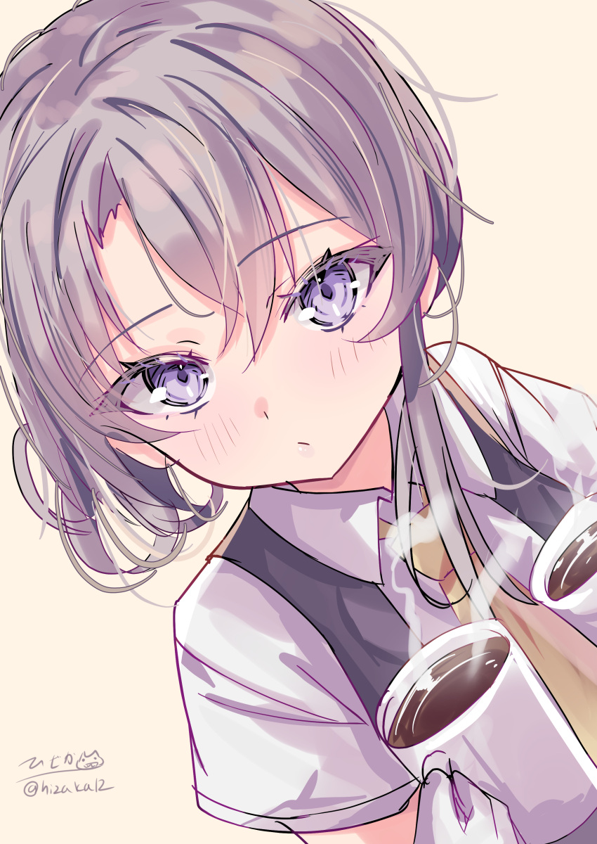 Safebooru - 1girl absurdres blush coffee cup dress shirt gloves grey ...