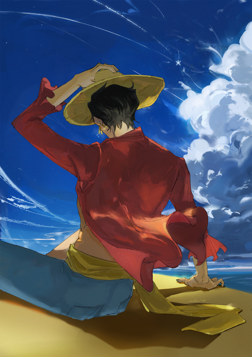 Safebooru - 1boy avenoirn back black hair blue shorts blue sky ...