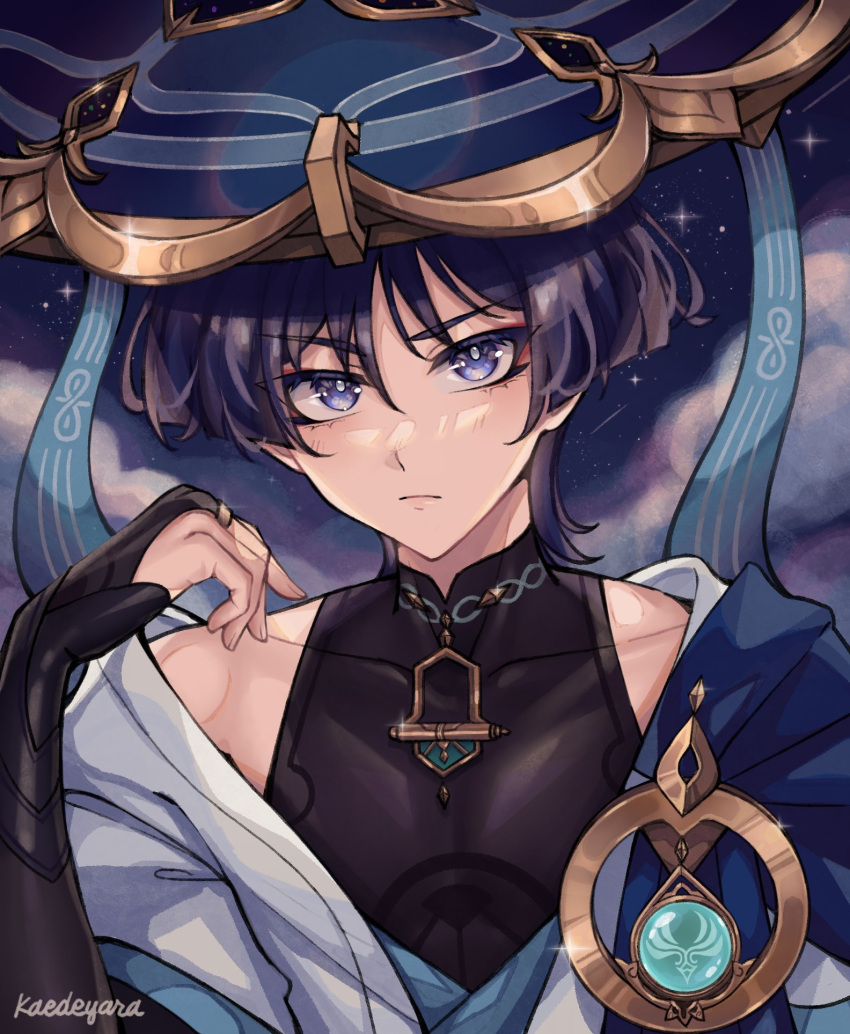 Safebooru - 1boy anemo symbol (genshin impact) aqua gemstone armor artist name black bodysuit ...