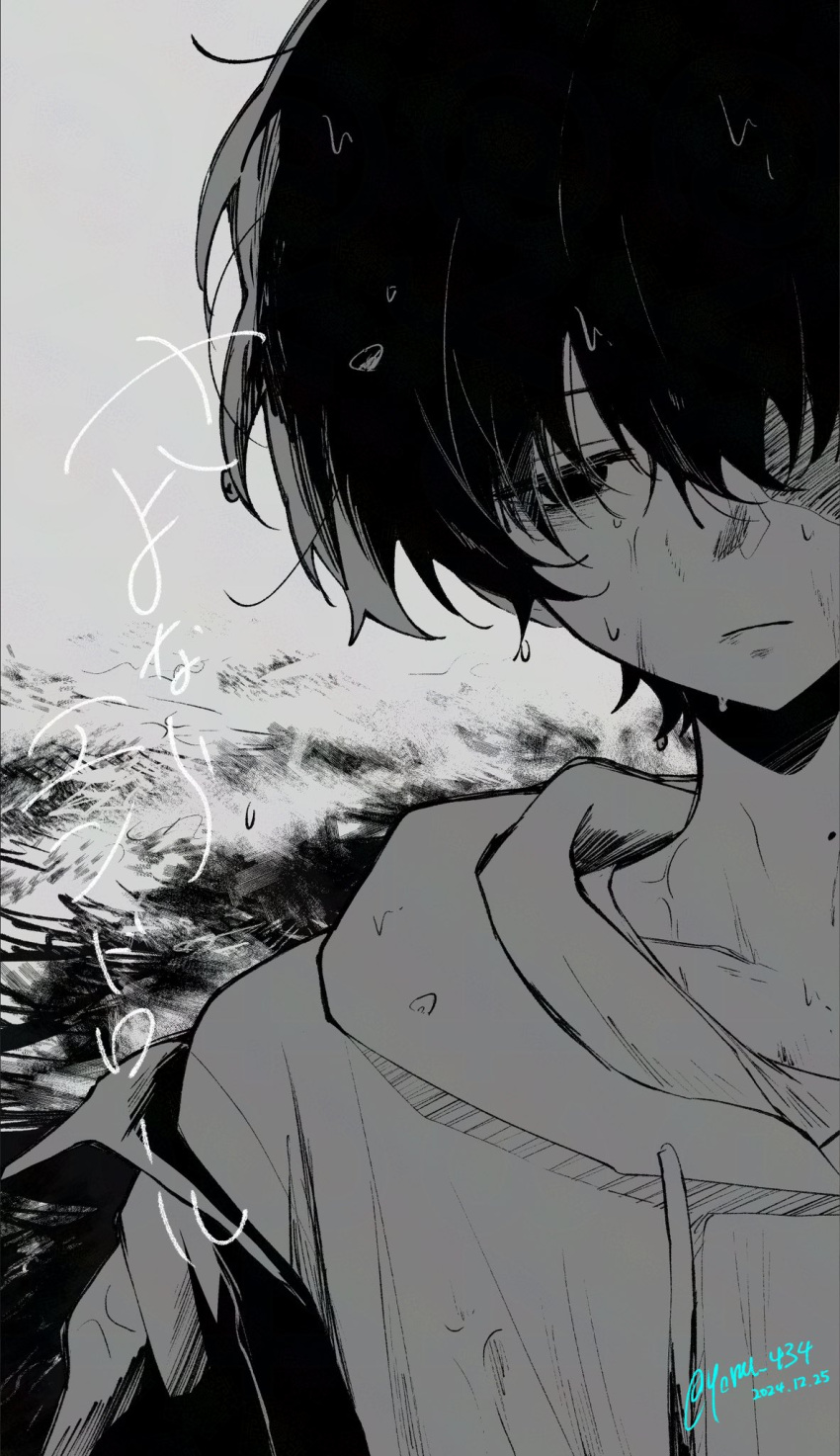 Safebooru - 1boy beach black eyes black hair burn scar collarbone empty eyes eve (musician ...