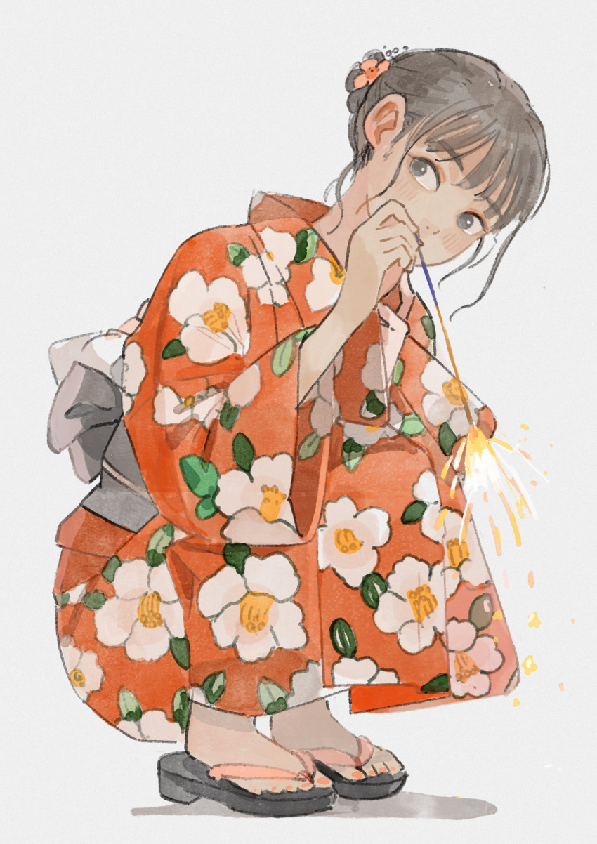 Safebooru - 1girl absurdres black hair brown eyes fireworks floral print hair bun highres ...