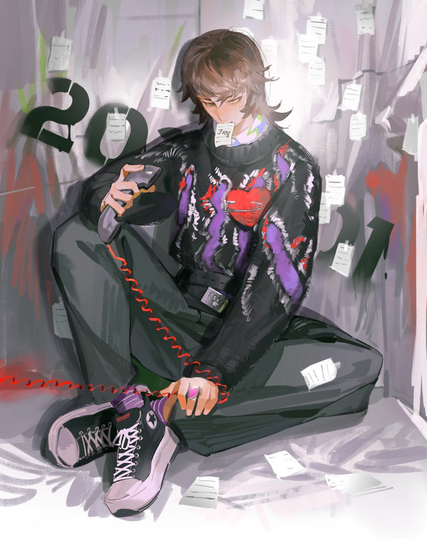 Safebooru - 1boy antique phone belt black belt black pants black sweater brown eyes brown hair ...