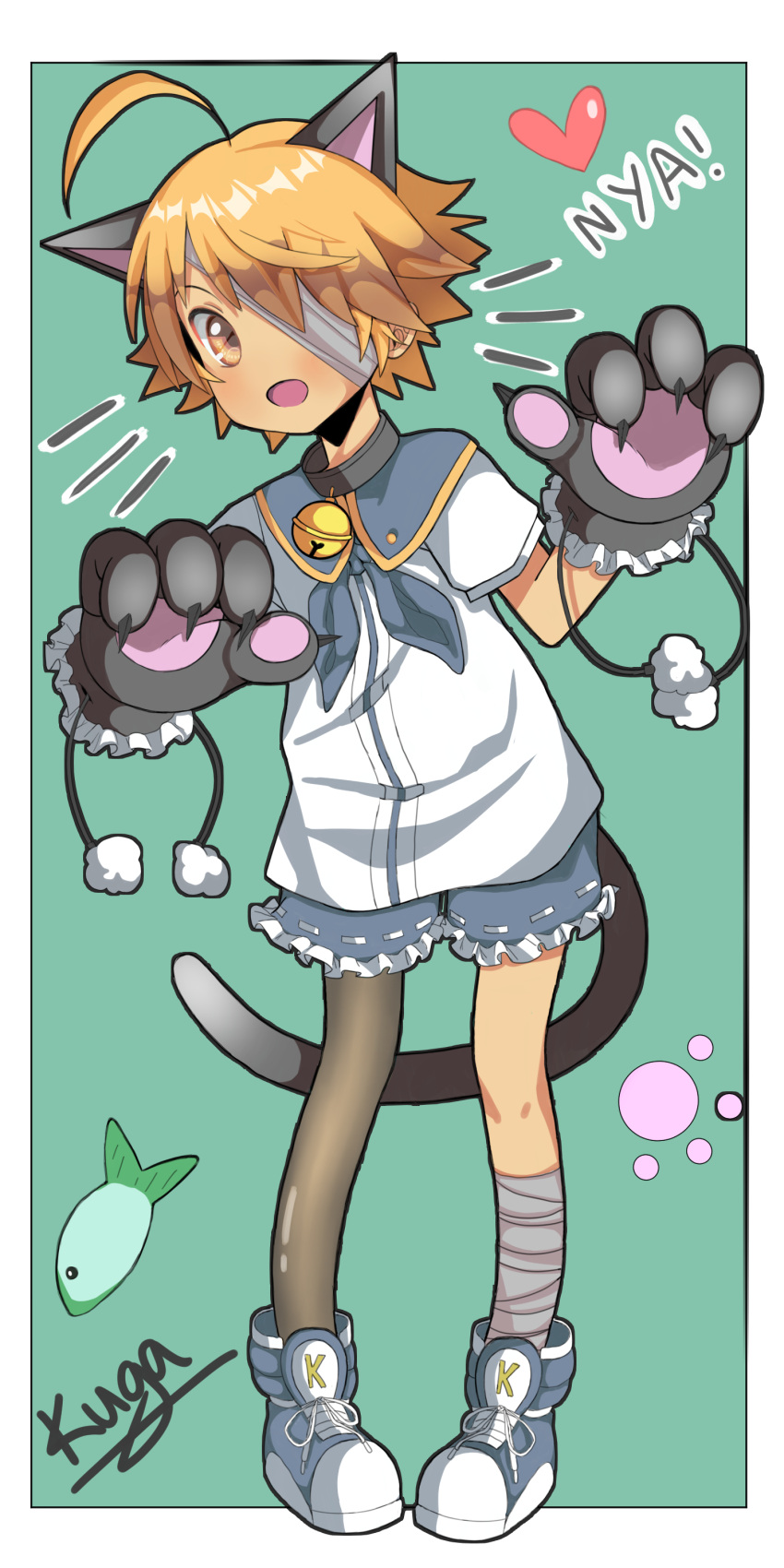 Safebooru - 1boy absurdres animal ears animal hands aqua background bandage over one eye ...