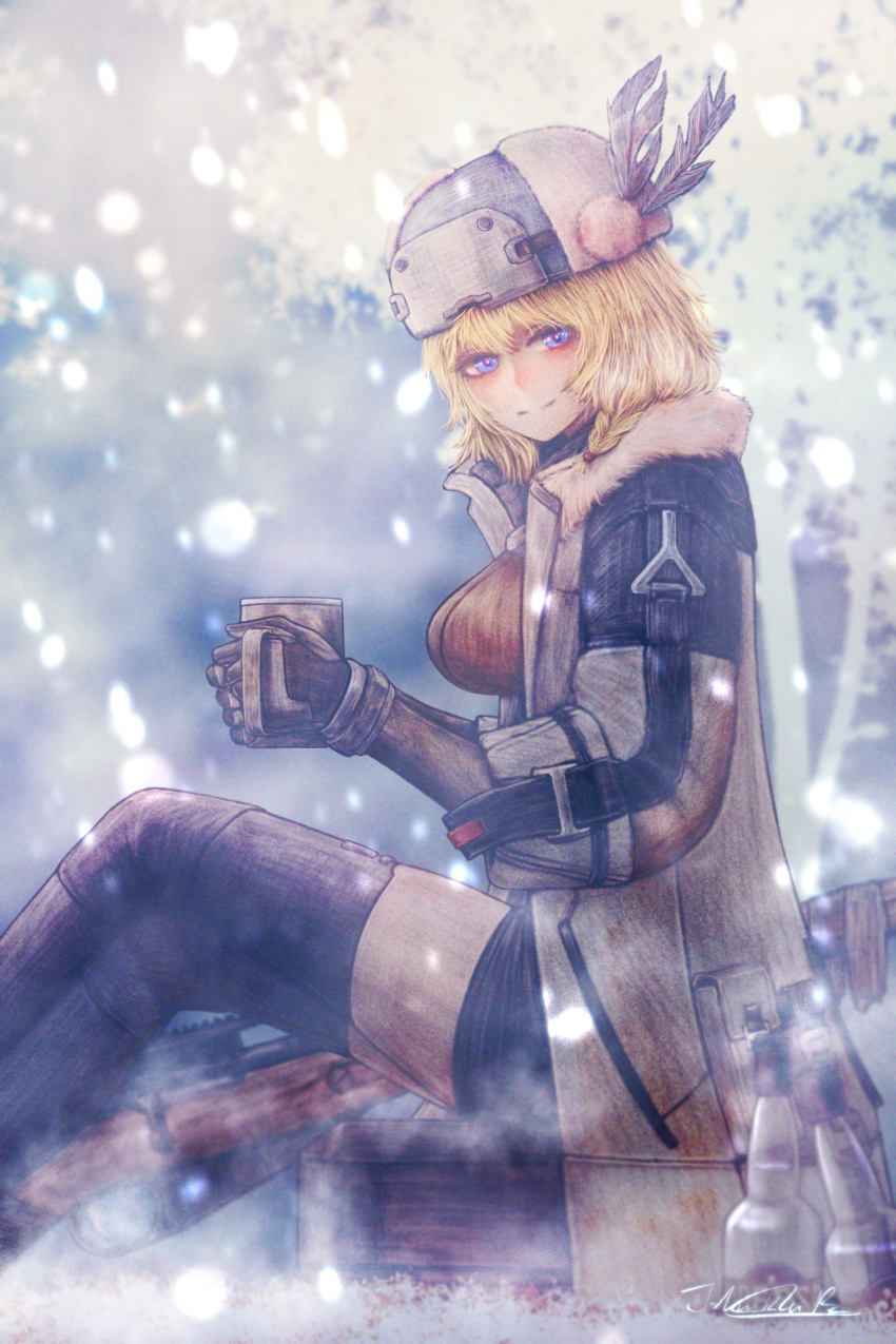 Safebooru - 1girl black gloves blonde hair bolt action breasts closed mouth coat commentary cup ...