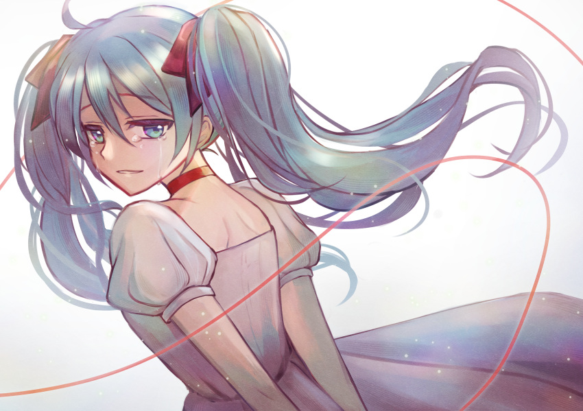 Safebooru - 1girl absurdres ahoge aqua eyes aqua hair arms behind back choker dress hair between ...