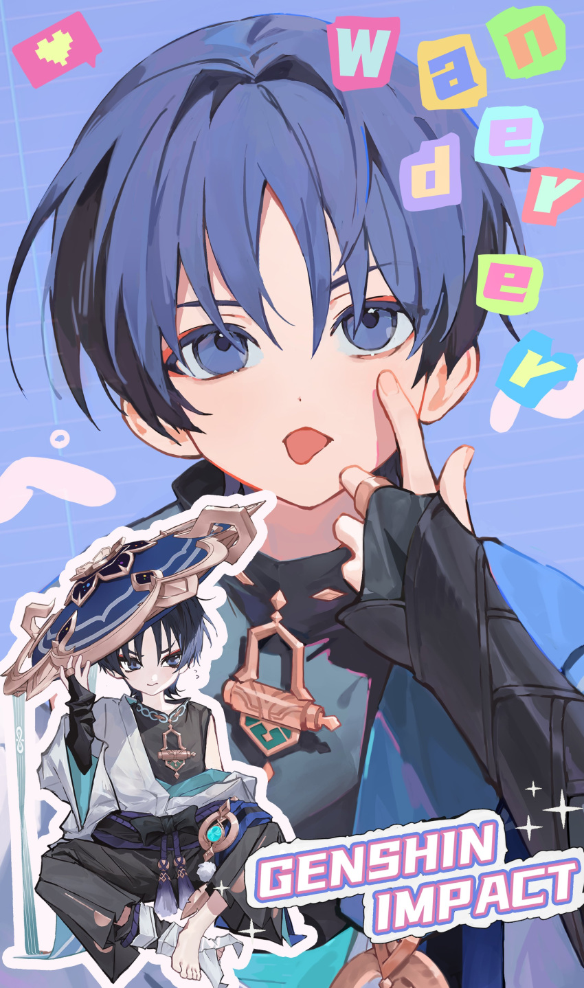 Safebooru - 1boy absurdres akanbe armor barefoot blue background blue ...