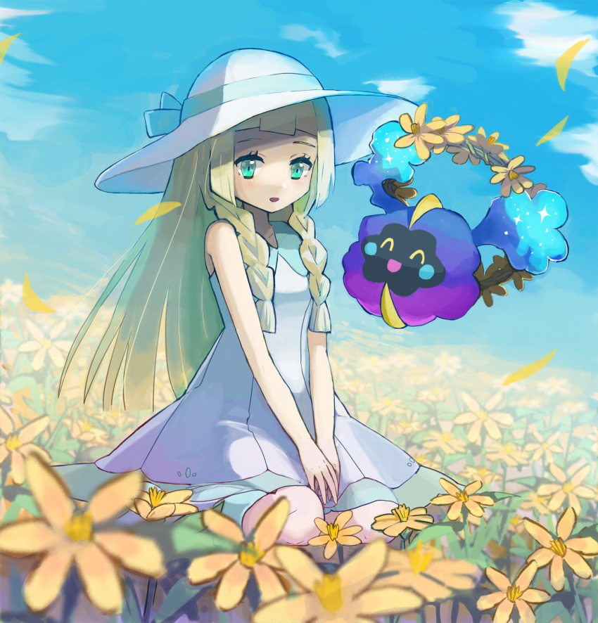 Safebooru - 1girl blonde hair blue sky braid clouds cosmog creatures (company) day dress field ...