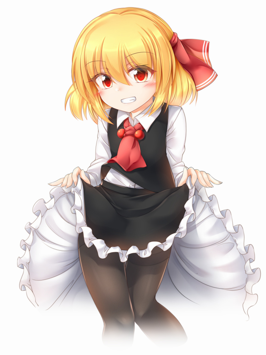 Safebooru - 1girl black legwear black skirt black vest blonde hair frilled skirt frills grin ...