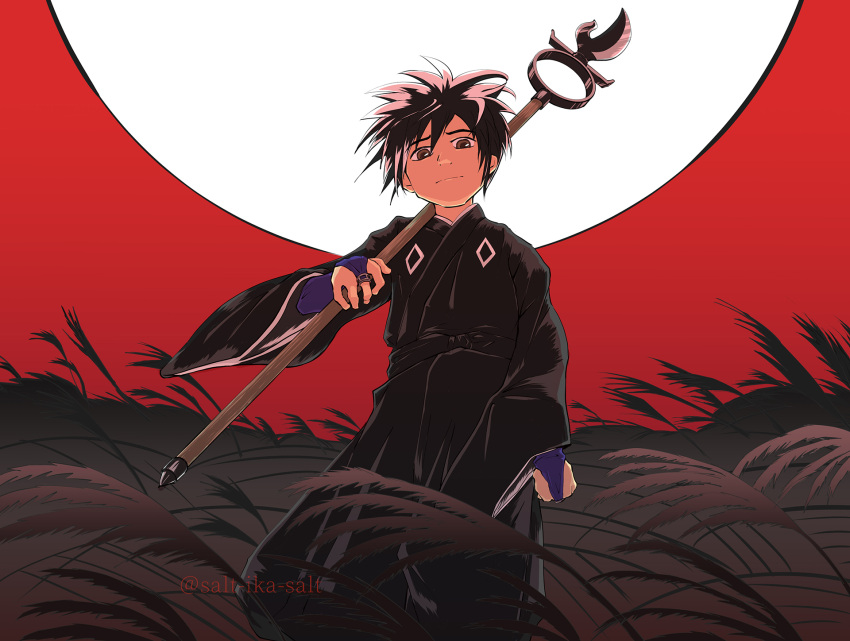 Safebooru - 1boy black hair brown eyes highres holding holding polearm ...