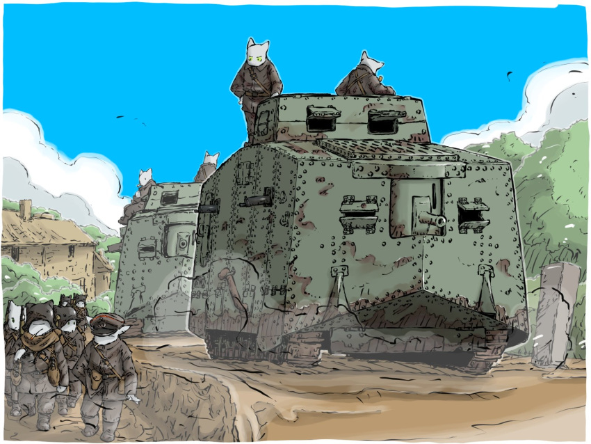 Safebooru - 6+boys a7v (tank) building cannon caterpillar tracks dust ...