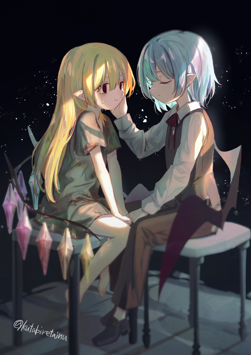 Safebooru - 2girls absurdres alternate costume barefoot bat wings black background black ...