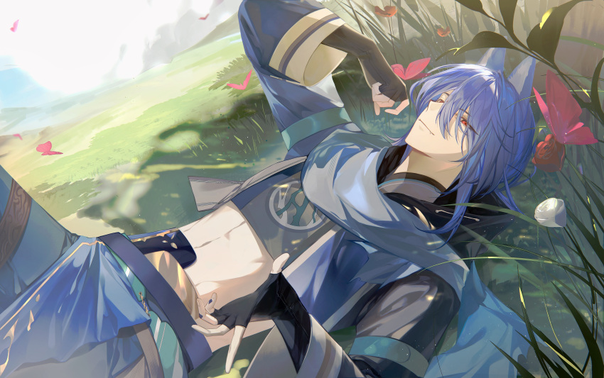 Safebooru - 1boy absurdres animal ears black gloves black shirt blue hair blue pants blue sky ...