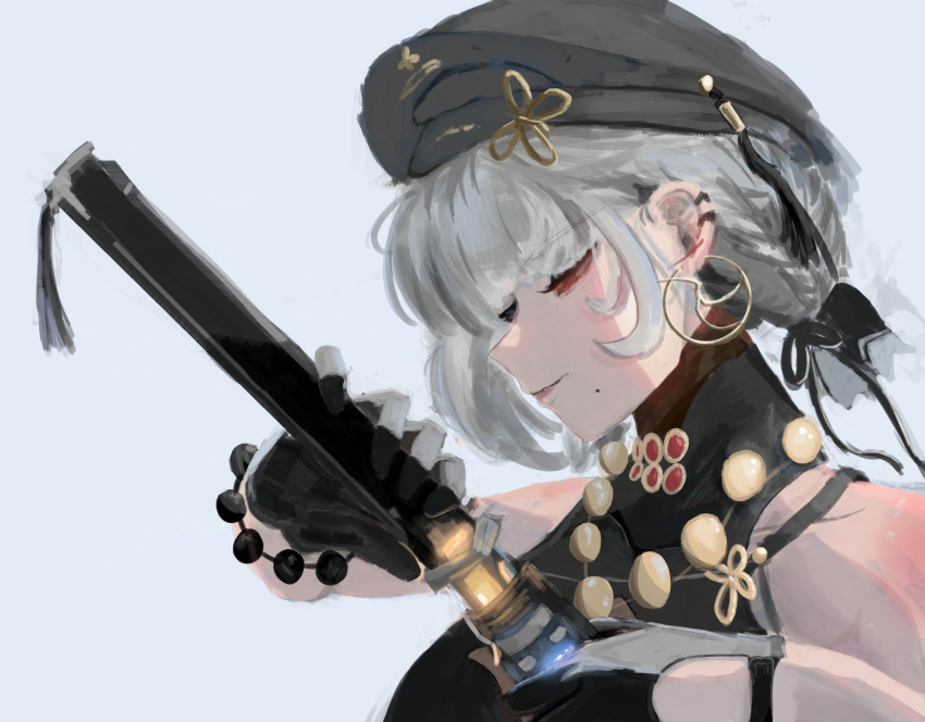 Safebooru - 1girl beret black hat black shirt closed eyes closed mouth earrings eyeliner grey ...