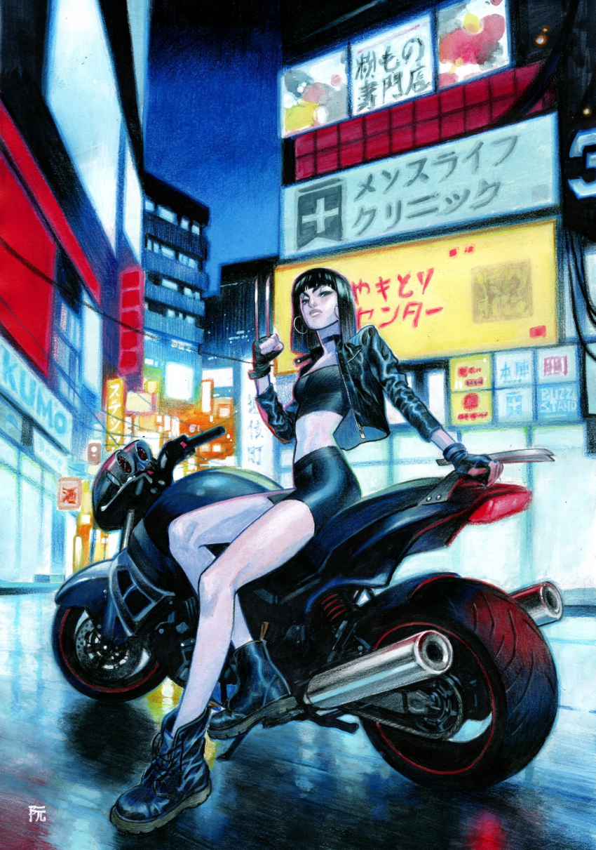 Safebooru - 1girl bike shorts black footwear black gloves black hair black jacket black shirt ...