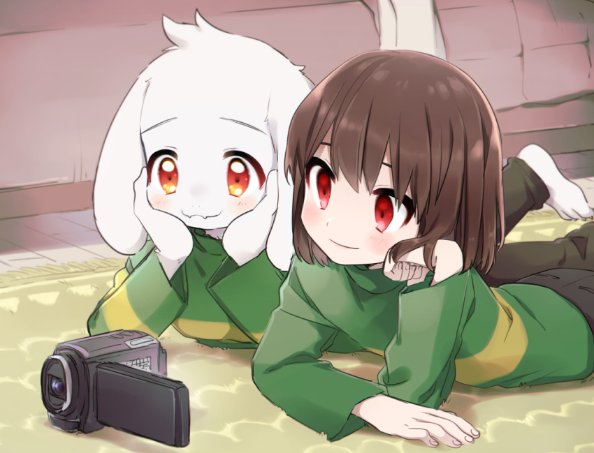 Safebooru - 1boy 1other animal ears asriel dreemurr barefoot blush bob cut brown hair brown ...