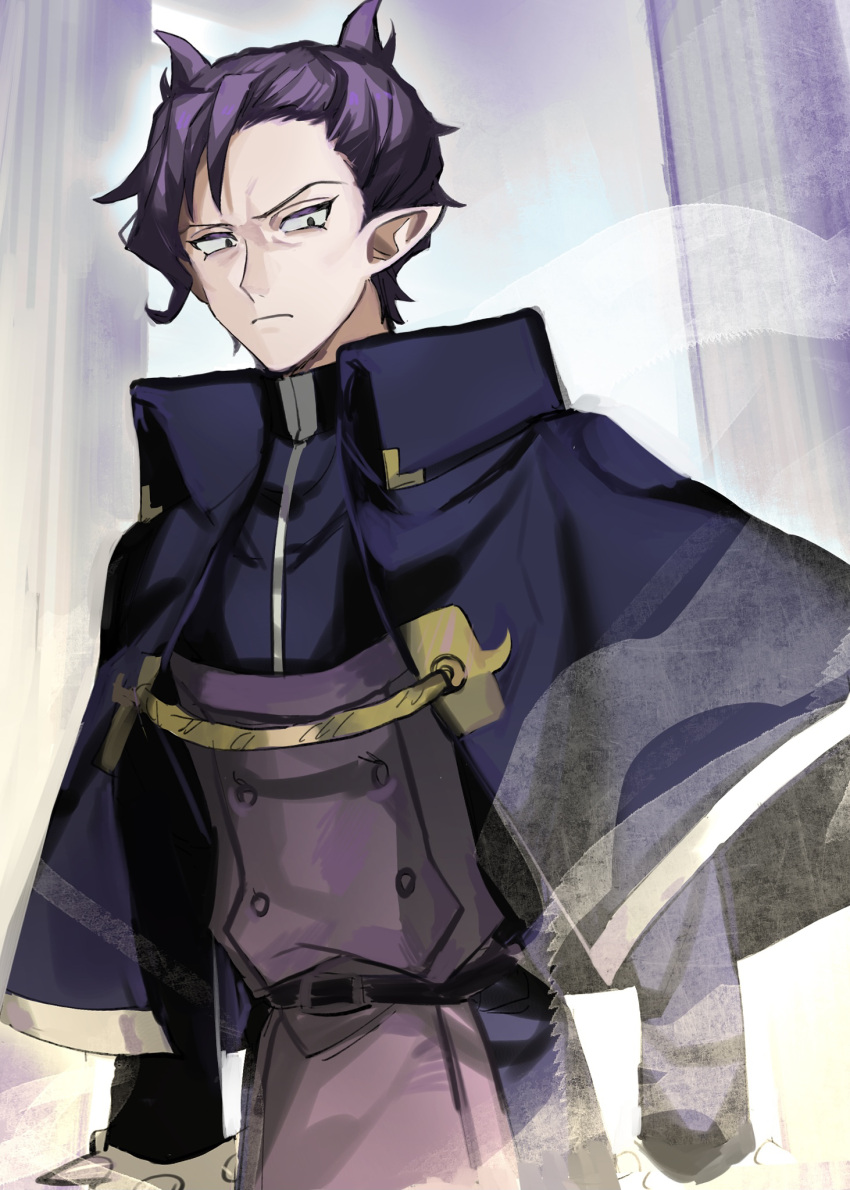 Safebooru - 1boy black capelet black eyes capelet frown highres ...