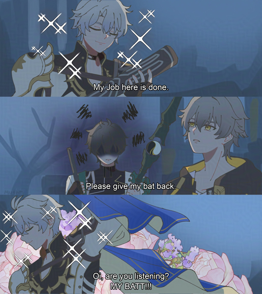 Safebooru - 3boys absurdres angry armor baseball bat belt collar blue ...