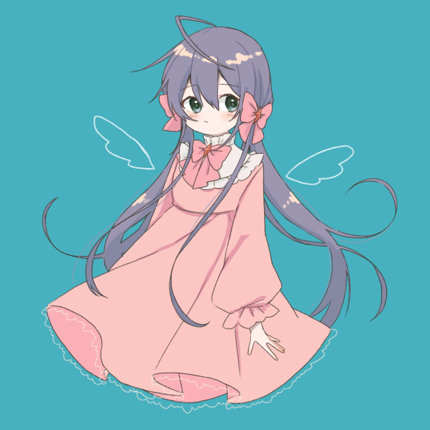 Safebooru - 1girl ahoge alternate hairstyle angel wings blue background blush bow bowtie breasts ...