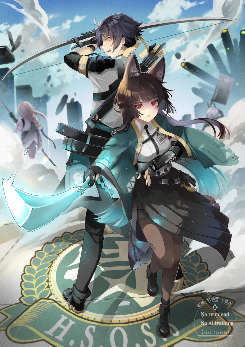 Safebooru - 1boy 3girls animal ear fluff animal ears asaba harumasa black gloves black necktie ...