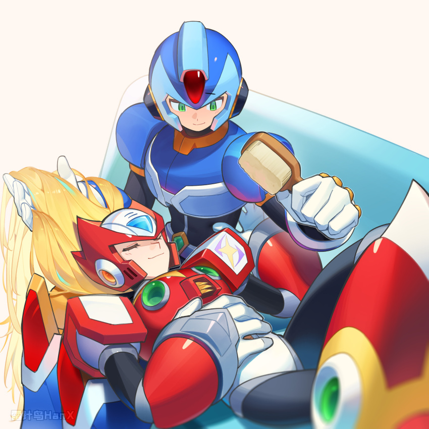 Safebooru - 2boys absurdres armor blonde hair blue armor blue helmet buzzsaw (6631455) chest ...