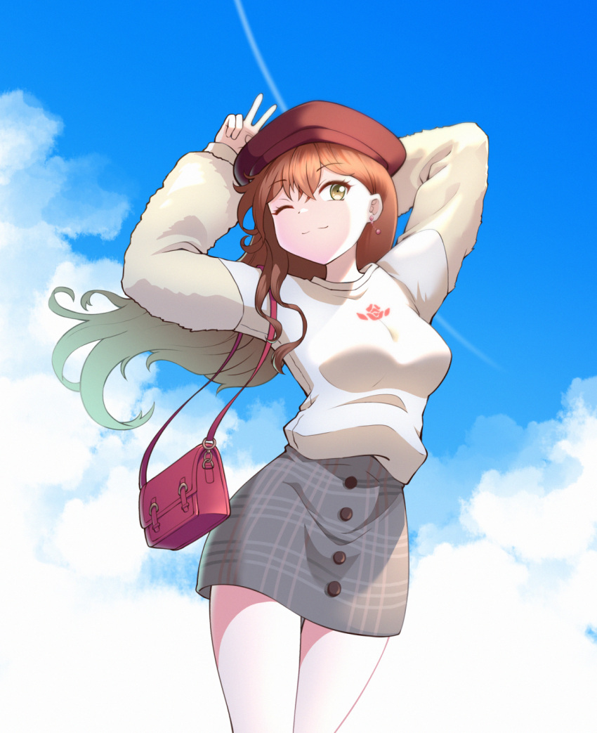 Safebooru 1girl 3 Arms Up Bag Bang Dream Beret Brown Eyes Brown 3246