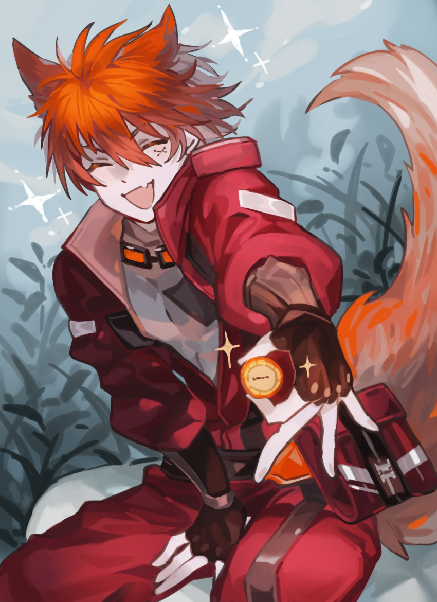 Safebooru - 1boy :d ^ ^ absurdres animal ears arknights black gloves chiave (arknights) chinese ...