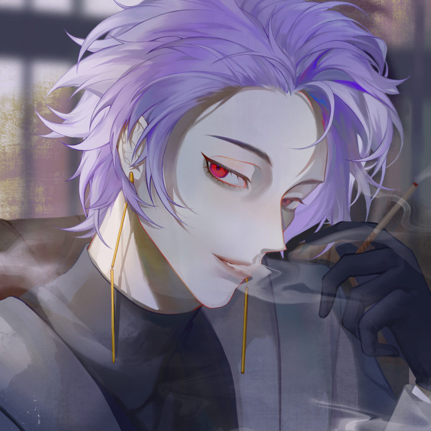 Safebooru - 1boy black gloves black shirt blurry blurry background chinese commentary cigarette ...