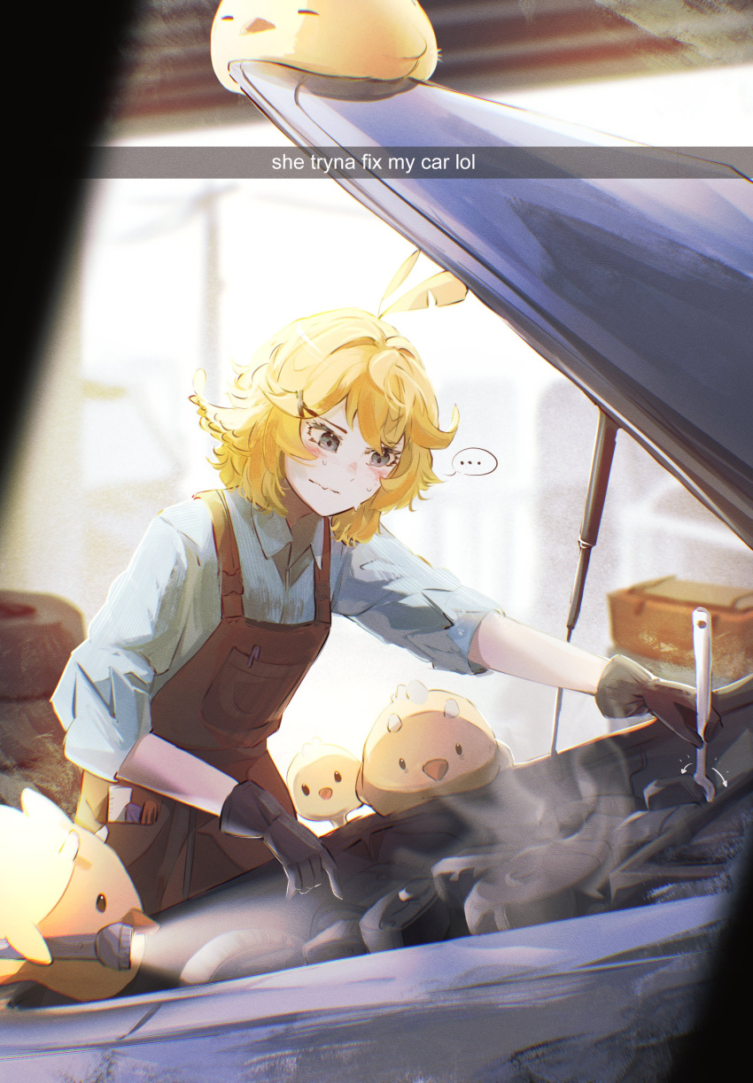 Safebooru - ... 1girl absurdres alternate costume blonde hair brown gloves brown overalls car ...