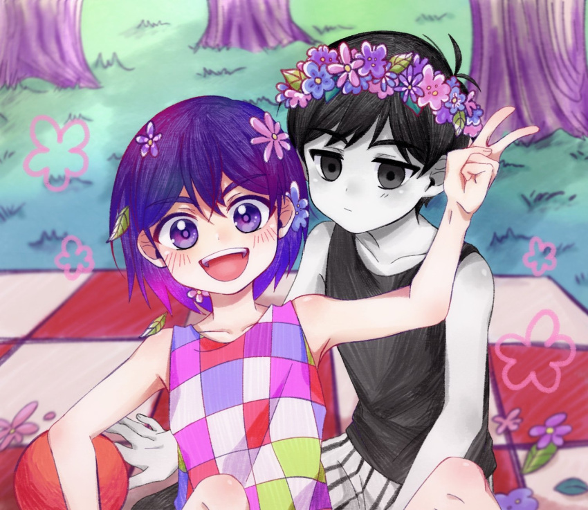 Safebooru - 2boys :d antenna hair bare arms bare shoulders black eyes ...