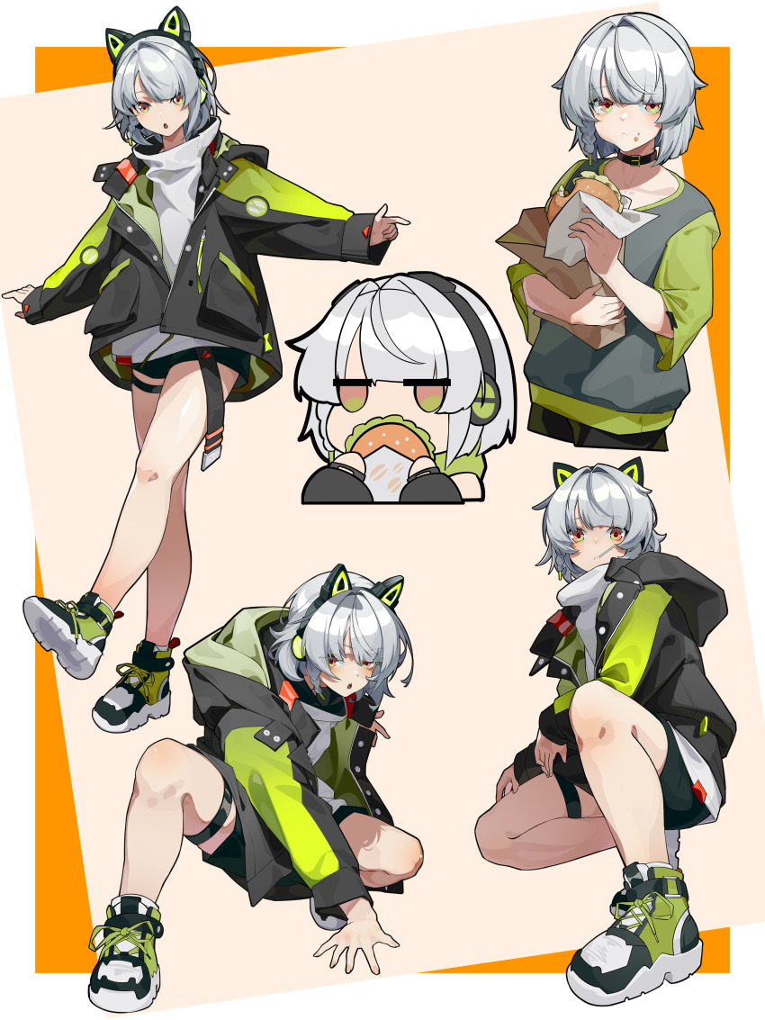 Safebooru - absurdres anby demara animal ears brown eyes burger choker eating fake animal ears ...