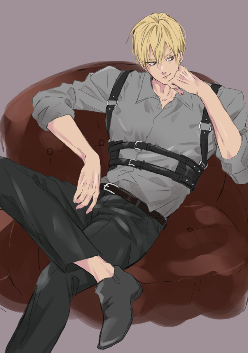 Safebooru - 1boy absurdres arm up belt belt buckle black belt black footwear black pants blonde ...