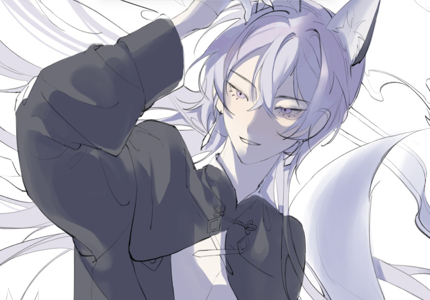 Safebooru - 1boy animal ear fluff animal ears arm up black shirt chinese commentary commentary ...