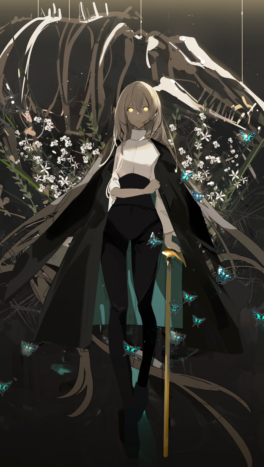 Safebooru - 1girl absurdly long hair absurdres aonogura black coat black pants blue butterfly ...