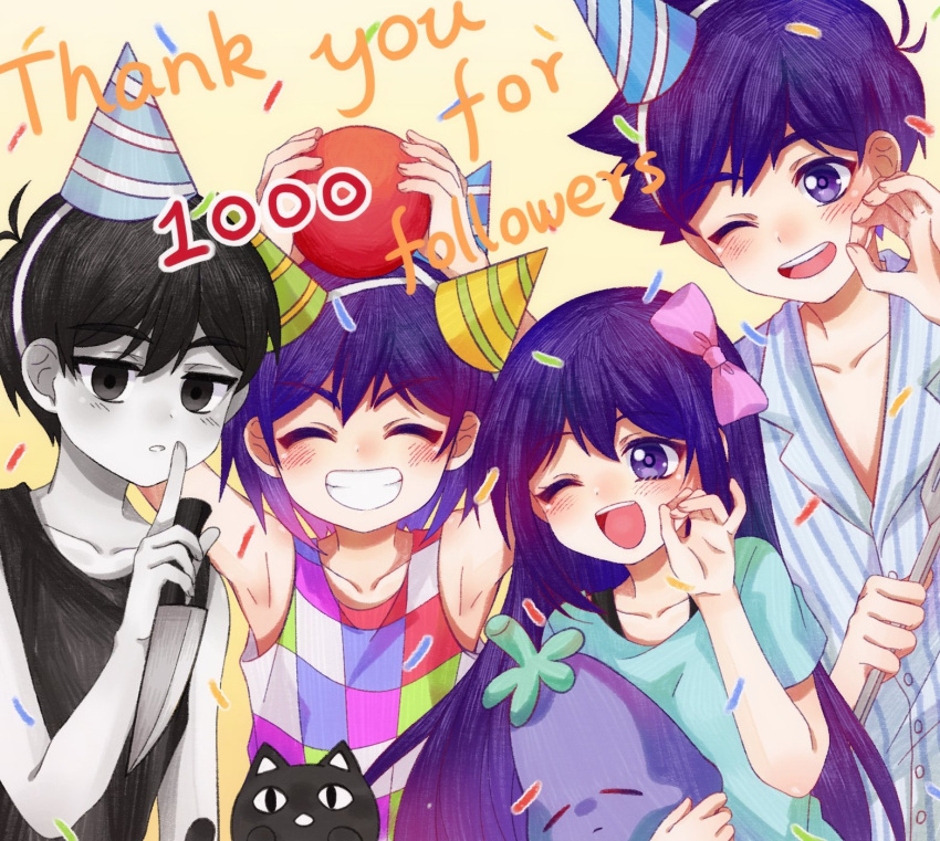 Safebooru - 1girl 3boys ;d ^ ^ antenna hair aqua shirt arms up aubrey ...