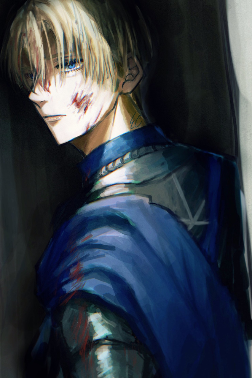 Safebooru - 1boy armor black shirt blonde hair blood blood in hair blood on face blue cape blue ...