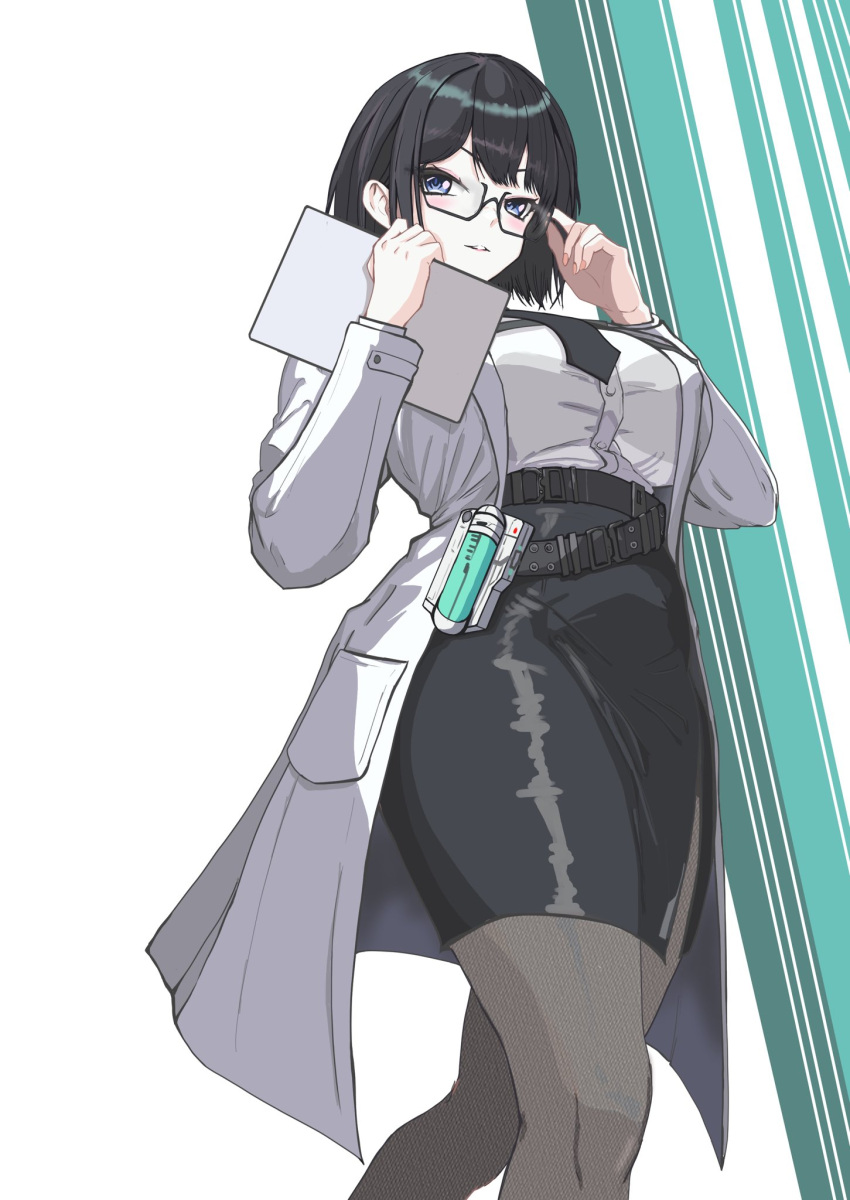 Safebooru - 1977 oj3 1girl adjusting eyewear black hair black necktie blue eyes breasts from ...